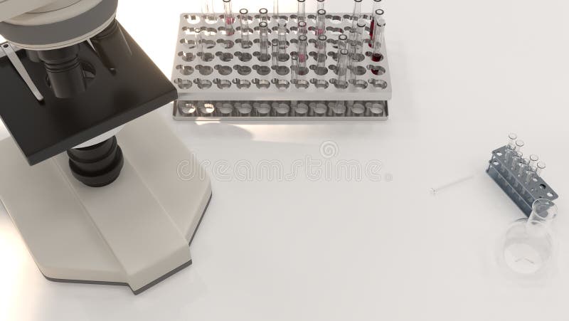 3D Illustration White Lab and Equipment Microscope on White Table 3d ...