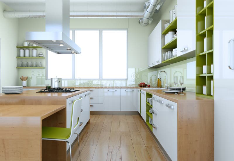 White Modern Kitchen with Green Elements Interior Design Stock ...