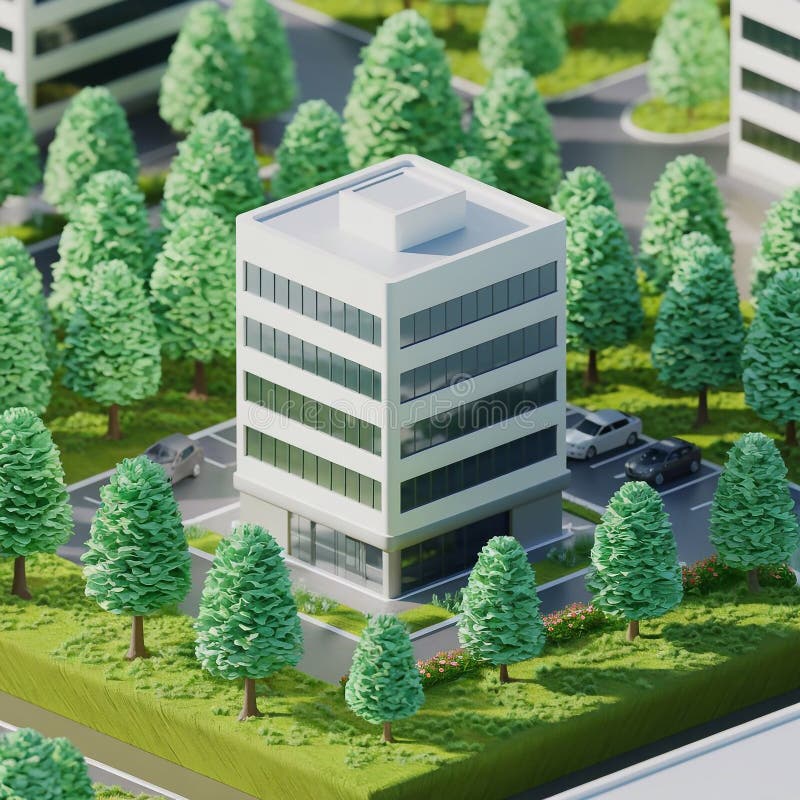 3D Illustration of a White Office Building Surrounded by Green Trees ...