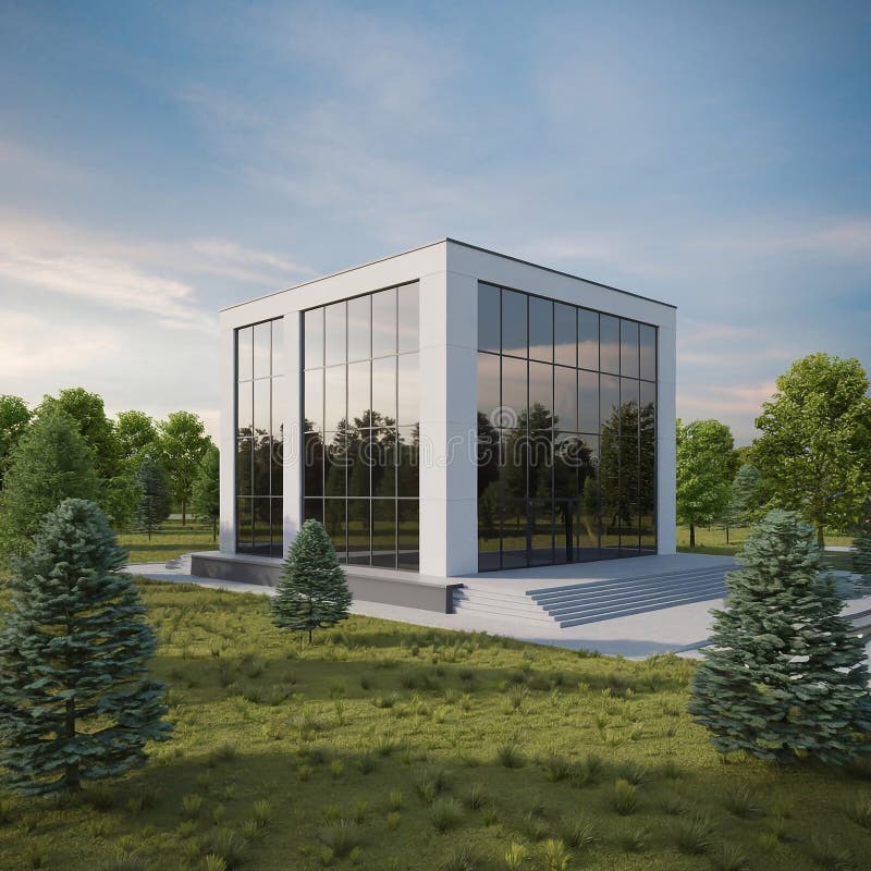 3D Illustration of a White Office Building Surrounded by Green Trees ...