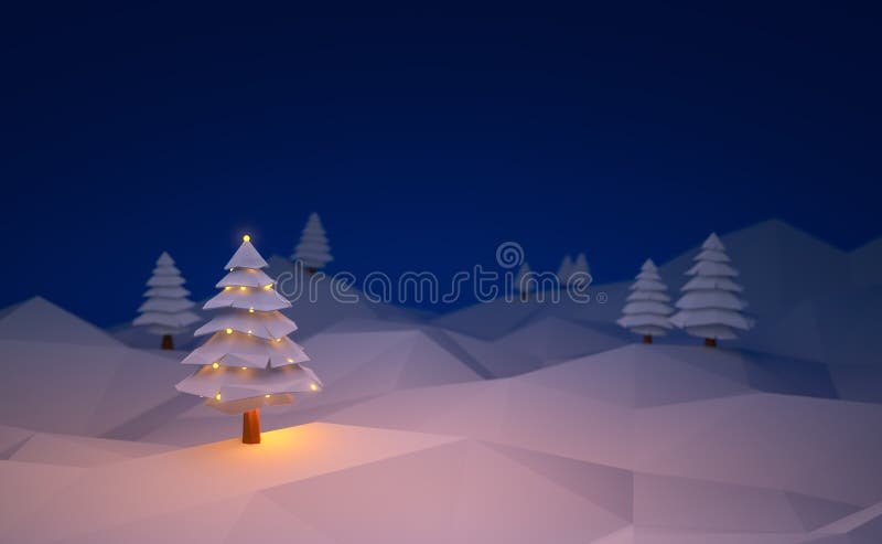 3d Illustration Winter Tree Low Poly Christmas Scene Background. Stock ...