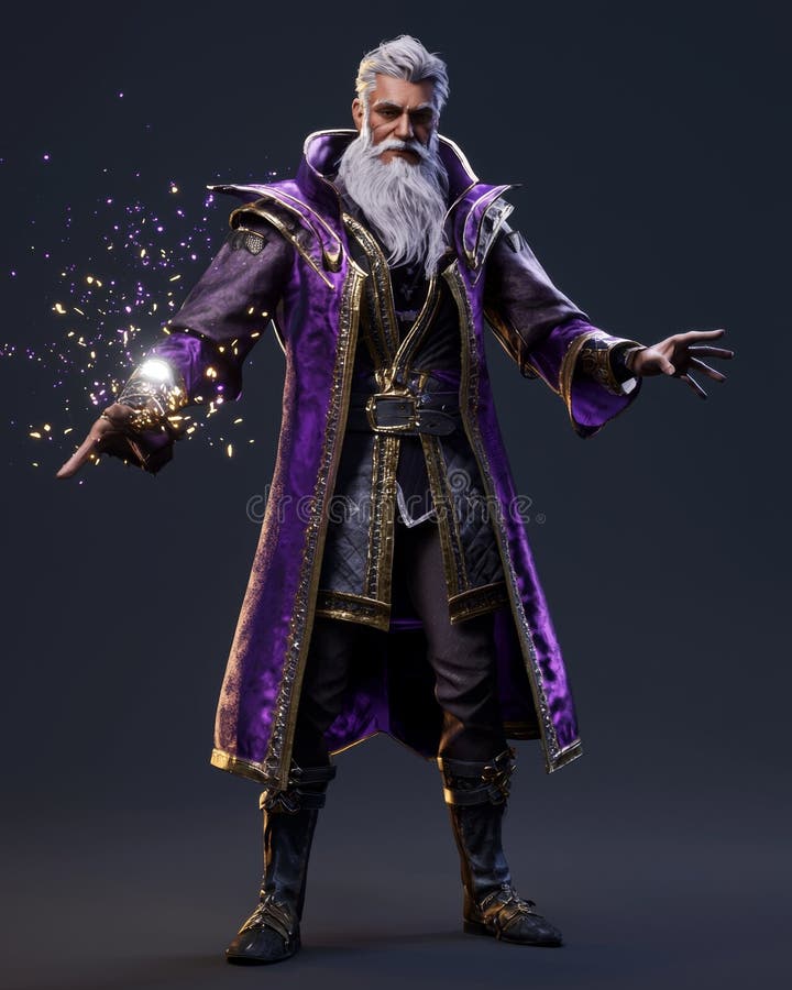 This is a 3D Illustration of a Wise Old Bearded Wizard Dressed in a ...