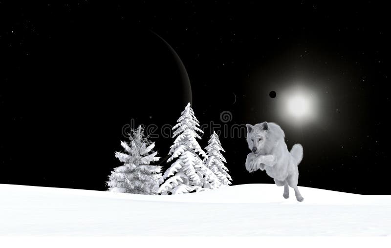 Illustration of a Wolf Jumping Over Snow with a Huge Full Moon in the ...