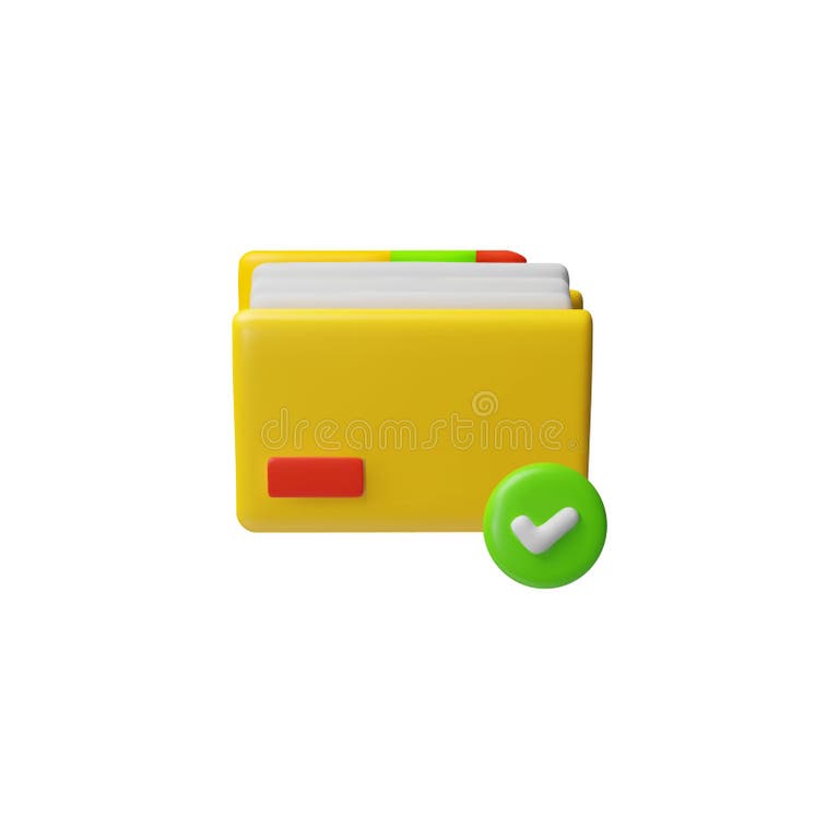3D Illustration of Yellow Document Folder and Icon, Green Check Mark ...