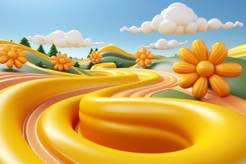 A 3d Illustration of a Yellow Road with Flowers Stock Illustration ...