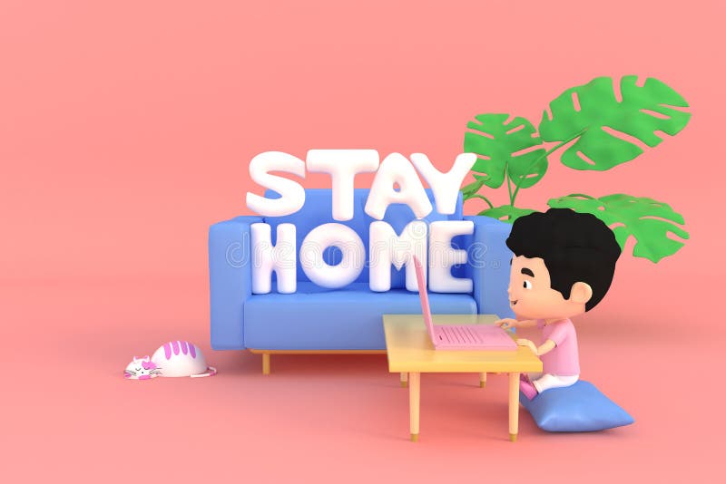 3d Illustrator of Cartoon Characters. a Boy Using a Computer Stock ...