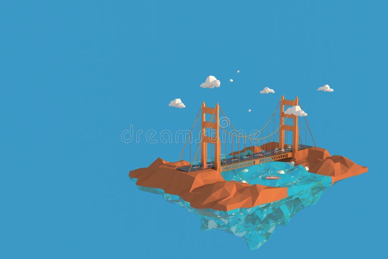 3D Illustrator Golden Gate Bridge in USA. 3d Rendering Low Polygon ...