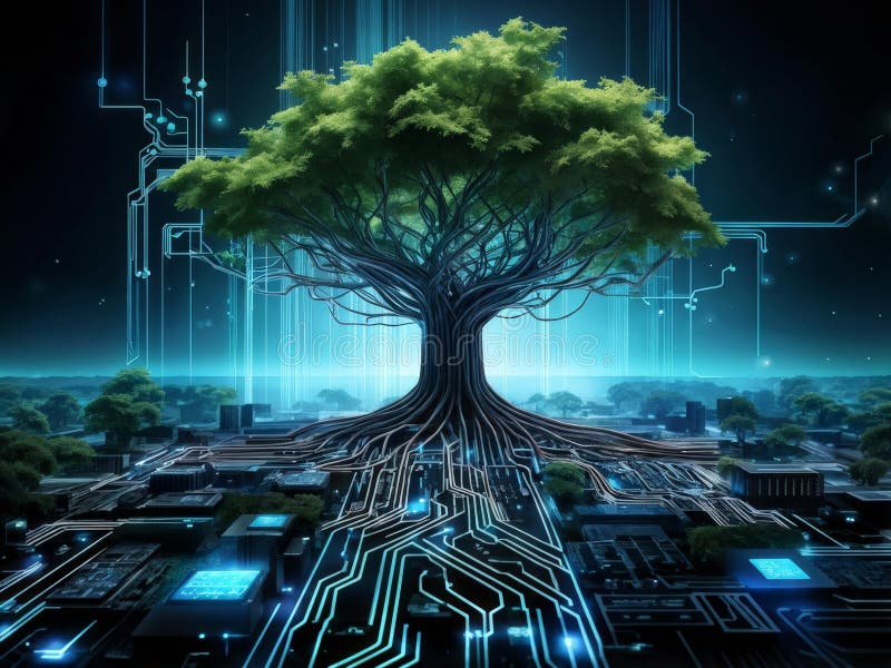 3D Image of an Artificial Tree with Green Grass and Roots in the Middle ...