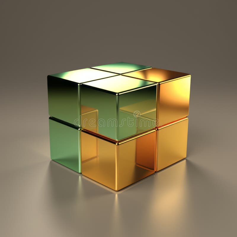 A 3d Image of a Cube with Gold and Green Colors Stock Illustration ...