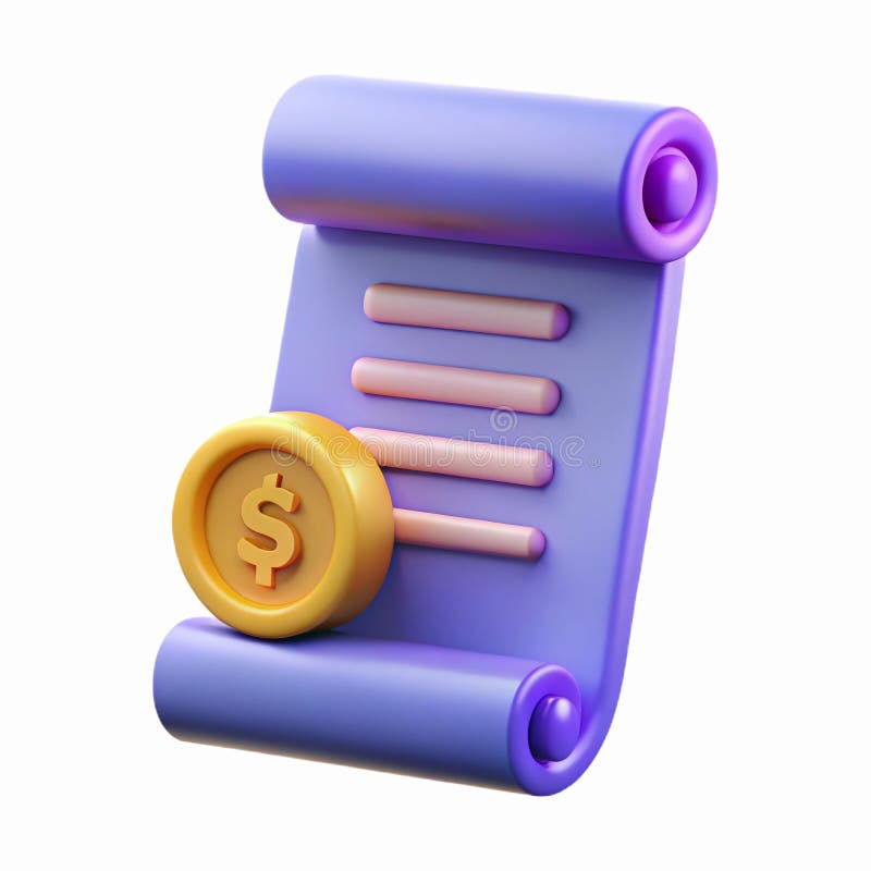 3D Purple Scroll Document with Gold Dollar Coin for Finance and ...