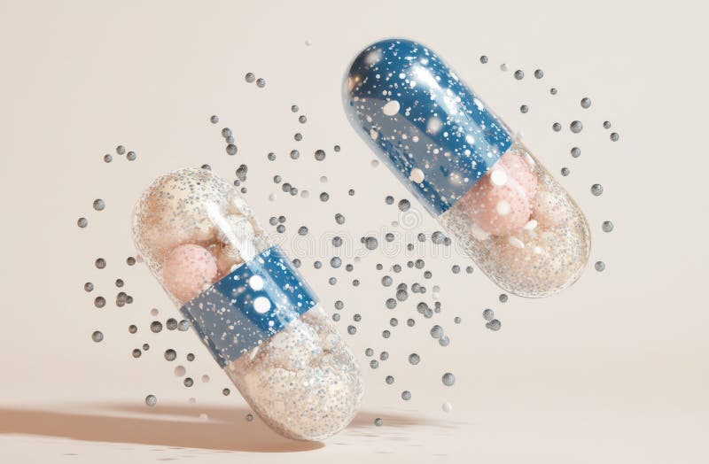 A 3D Image Featuring an Open White and Blue Pill, with White and Blue ...