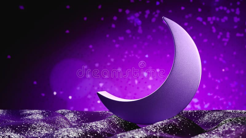 Crescent Moon Glowing Over Sparkling Purple Surface. 3d Render Stock ...