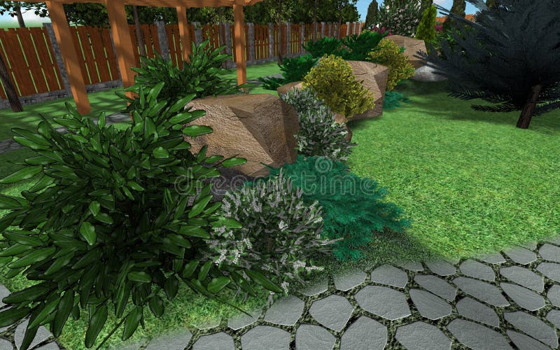 3d Image of Landscape Design of a Personal Plot. Composition of a Group ...
