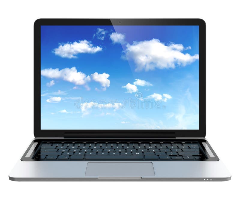 3D Image of Modern Laptop with Cloudy Sky Image on Screen. Cloud ...