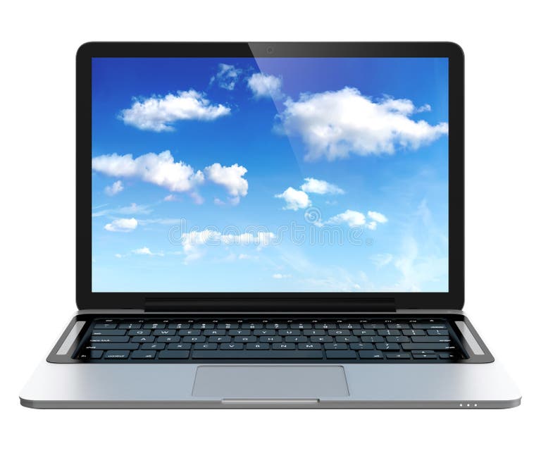 3D Image of Modern Laptop with Cloudy Sky Image on Screen. Cloud ...