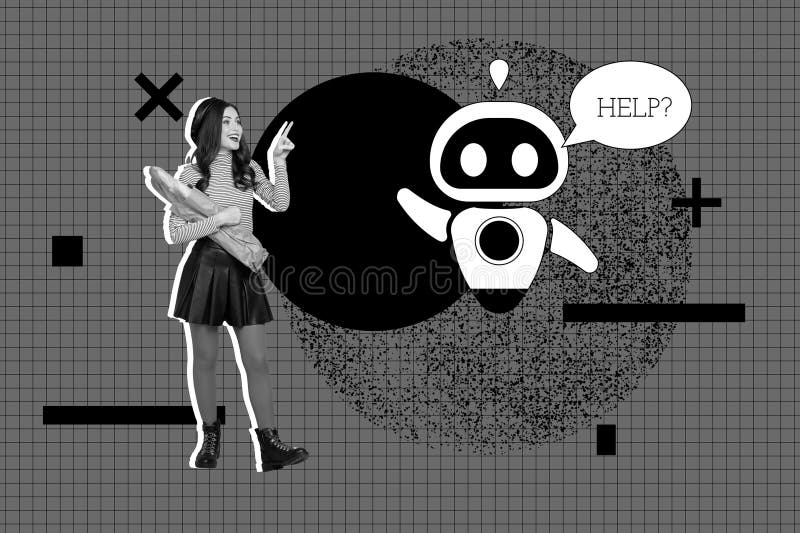3d Image Sketch Artwork Collage of Happy Girl Stand Robot App Offer ...