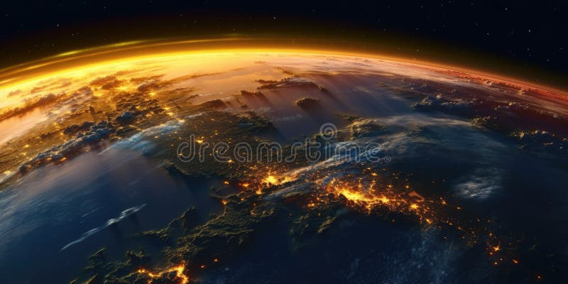 3D Image of a Textured Earth with Golden Light Patterns. Futuristic ...
