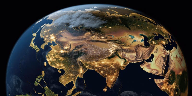 3D Image of a Textured Earth with Golden Light Patterns. Futuristic ...