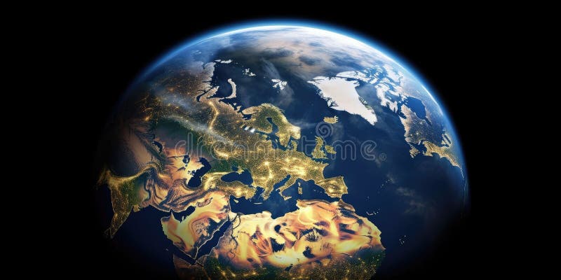 3D Image of a Textured Earth with Golden Light Patterns. Futuristic ...