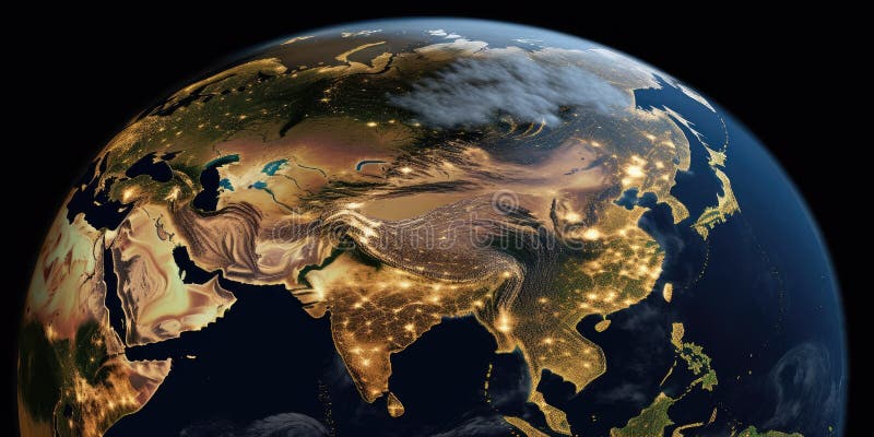 3D Image of a Textured Earth with Golden Light Patterns. Futuristic ...