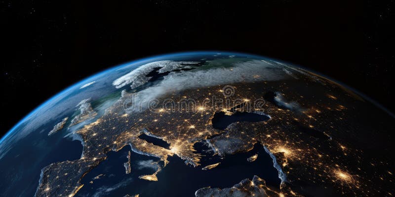 3D Image of a Textured Earth with Golden Light Patterns. Futuristic ...