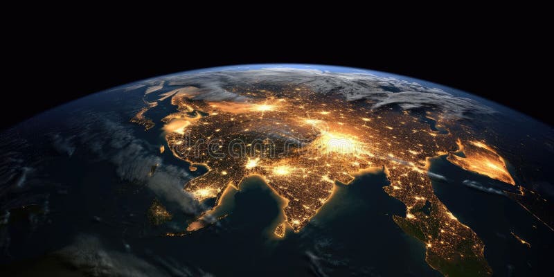 3D Image of a Textured Earth with Golden Light Patterns. Futuristic ...