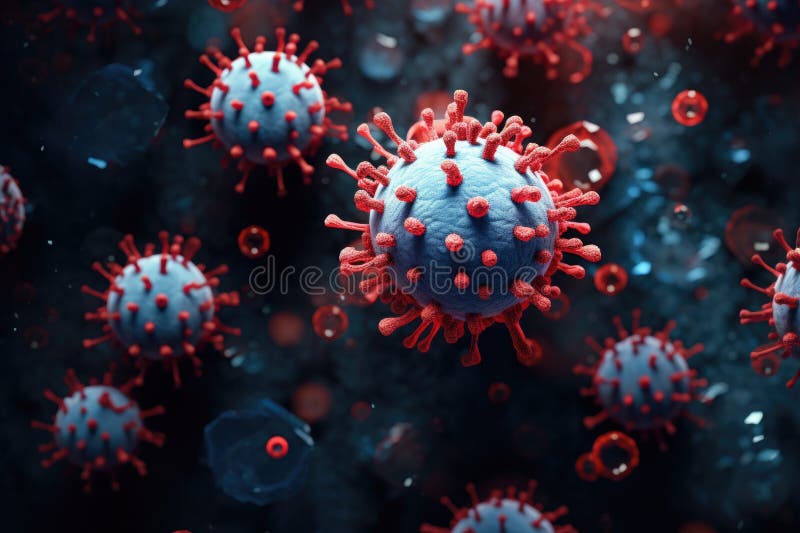 3D Image of Viral Particles in Light Blue and Red Tones, Floating in ...