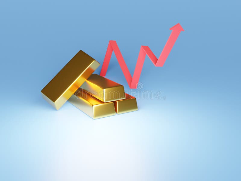 3D of Increase in the Value of Gold. Gold Market Going Up, Red Arrow ...