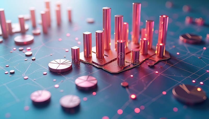 3D Infographic with Shiny Neon Graphs, Bars and Pie Charts. Abstract ...