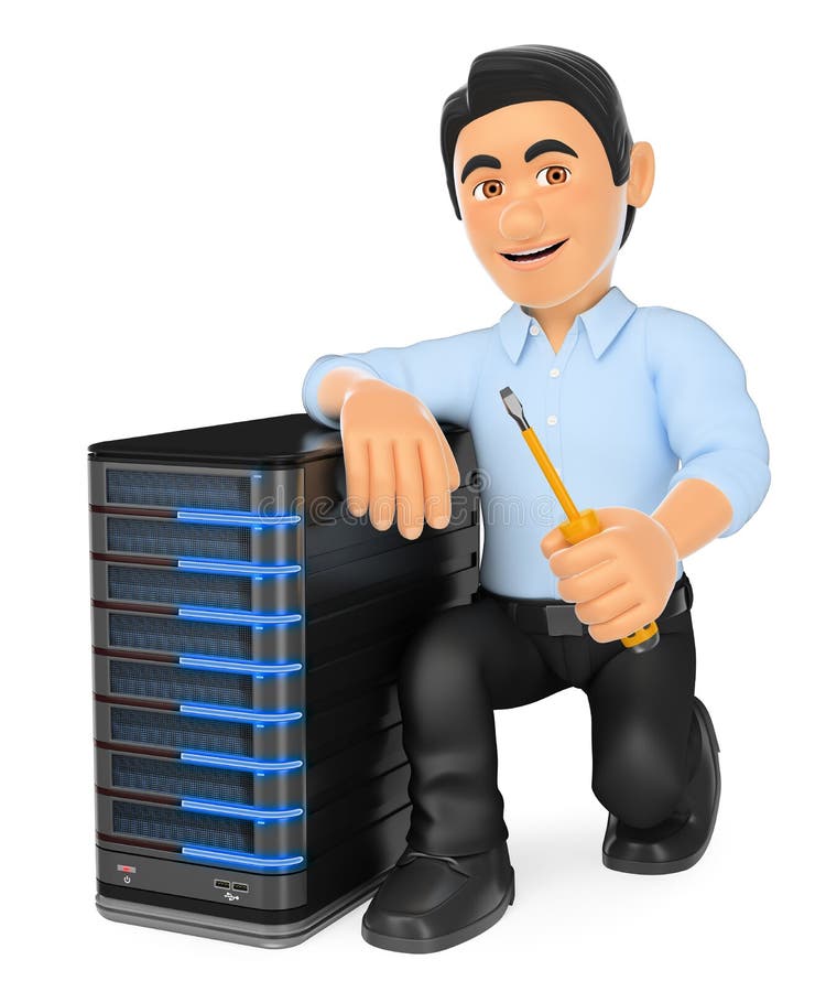3D Information Technology Technician with a Server Stock Illustration ...