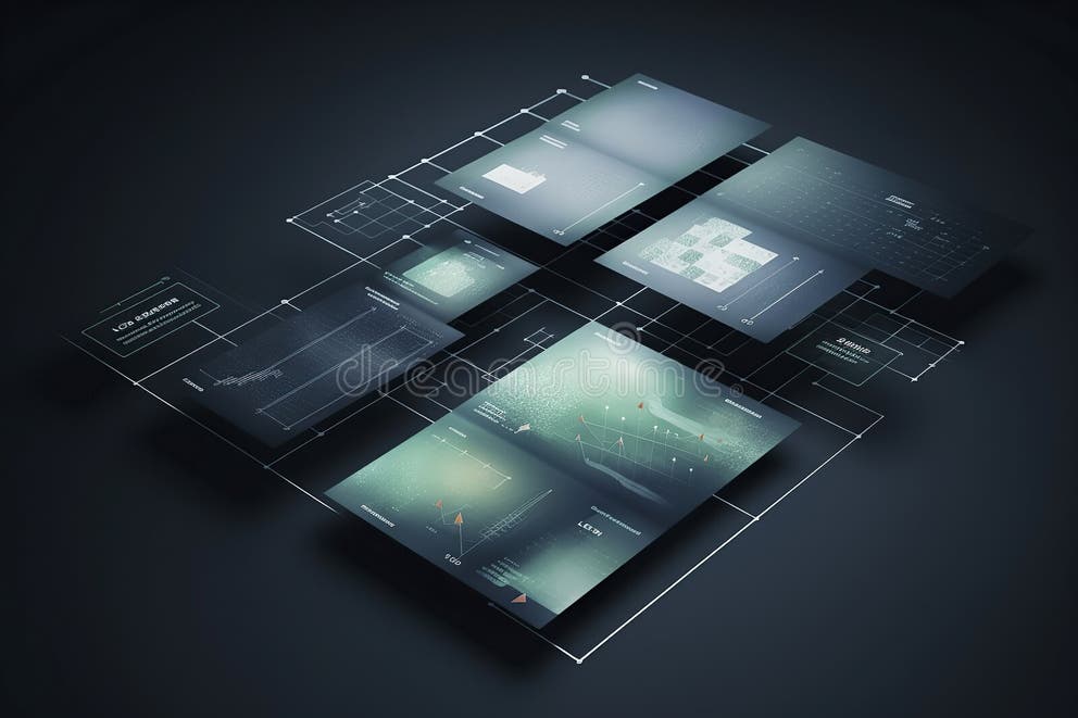 3D Interface with Various Translucent Panels Showing Data and Graphs ...