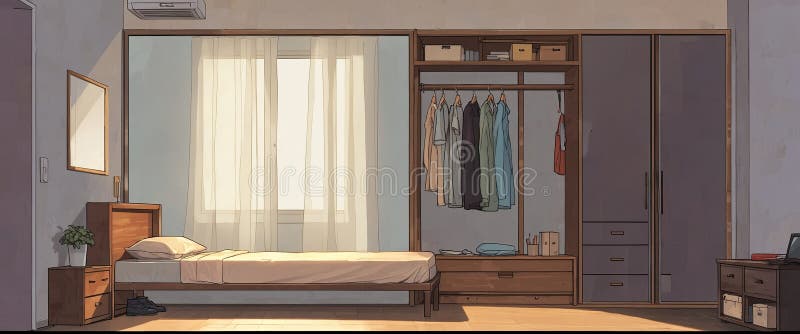 In this 2D Interior, Bed, Wardrobe, Table, Mirror, and Window are ...