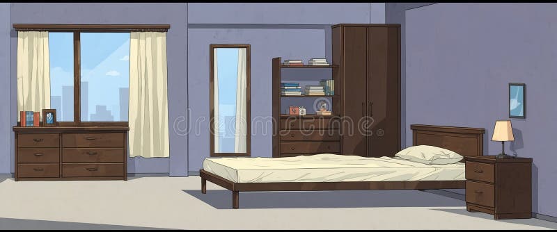 In this 2D Interior, Bed, Wardrobe, Table, Mirror, and Window are ...