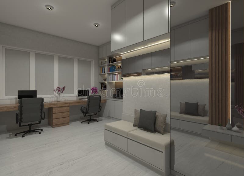 3D Interior Design for a Study Room with a Work Desk, Minimalist Bench ...
