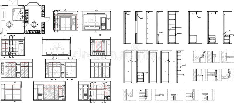 2D Interior Drawing of Master Bedroom with Walk-in Closet, Floor Plan, Elevation and Section ...