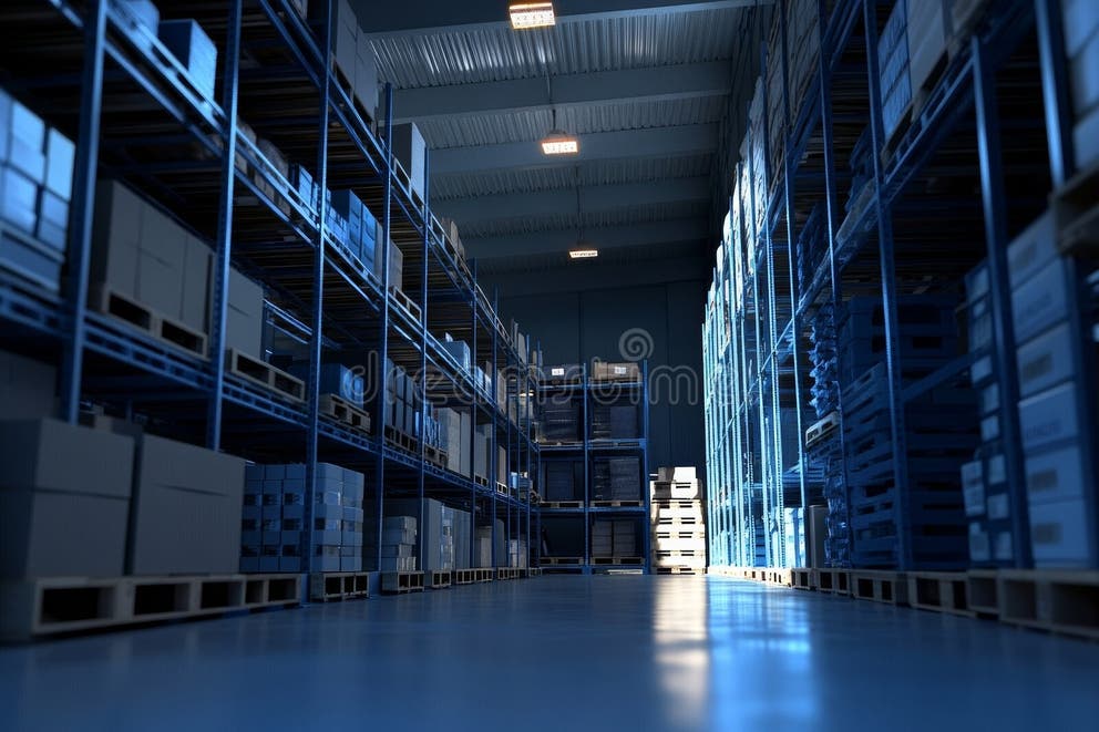 3d Interior View of a Warehouse with Blue Racking, Pallets, and Bright ...
