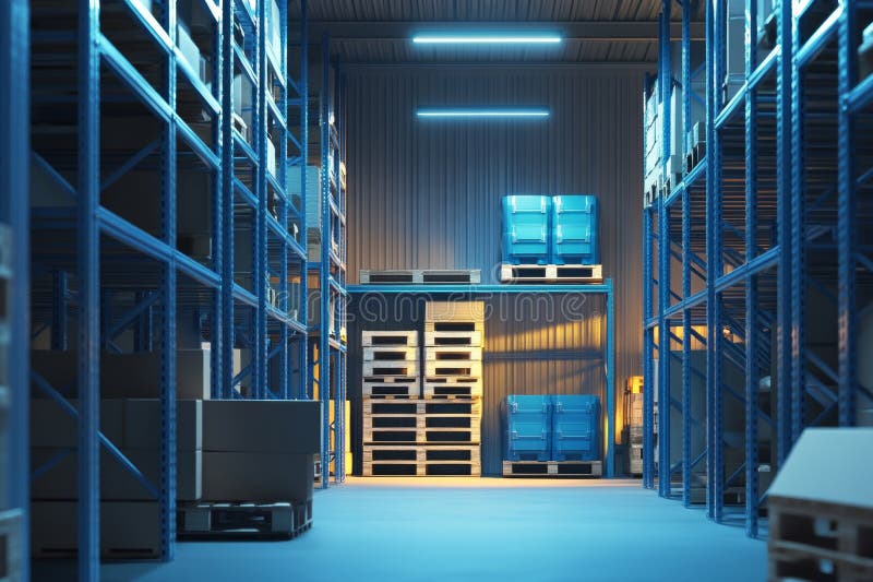 3d Interior Warehouse Rendering with Blue Racking, Pallets, and Bright ...