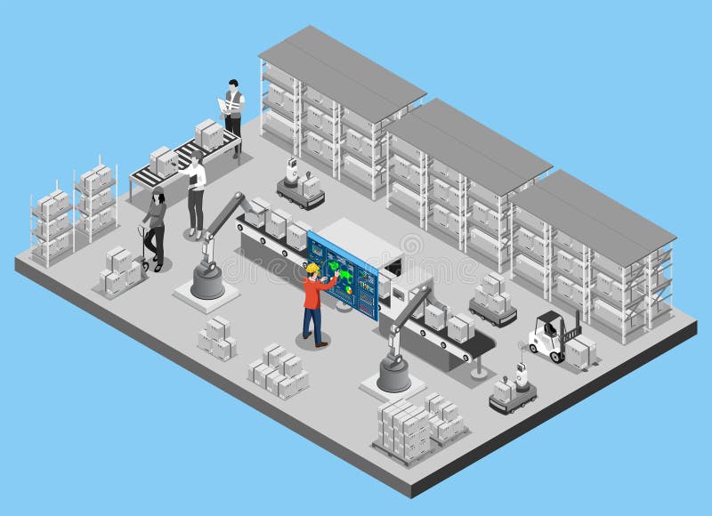 3D Isometric Automated Warehouse Robots and Smart Warehouse Technology ...
