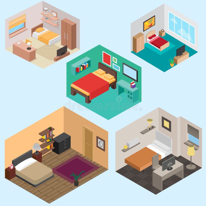 3d Isometric Bedroom Vector Set Stock Vector - Illustration of modern ...