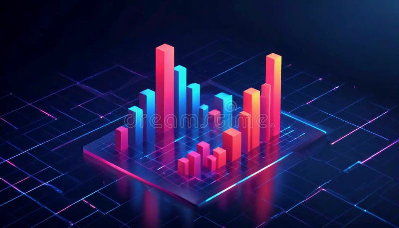3D Isometric Business Bar Chart on Glowing Grid Background Stock ...