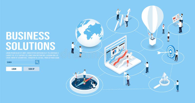 3D Isometric Business Solutions Concept with Office Workers Process a ...