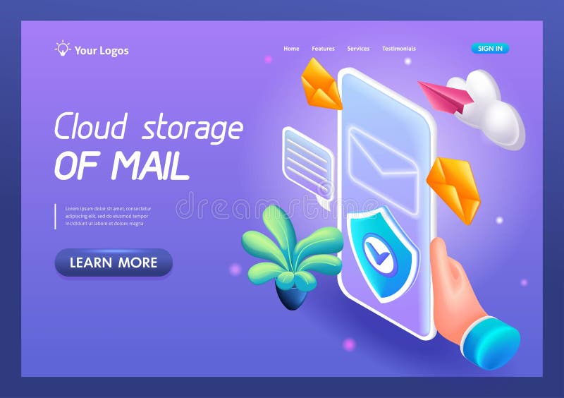 3D Isometric, Cartoon. Cloud Storage of Mail, Forwarding of Big Data ...