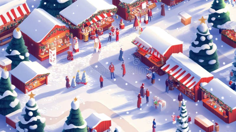 3D Isometric Christmas Market Scene with Snow-covered Rooftops and ...