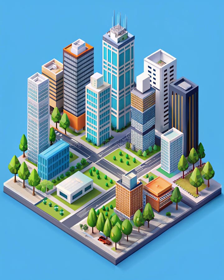 3D Isometric City Illustration with Modern Buildings and Streets Stock ...