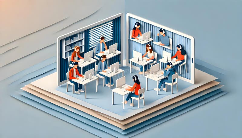 3D Isometric Classroom with Students and Teacher in a Modern Learning ...