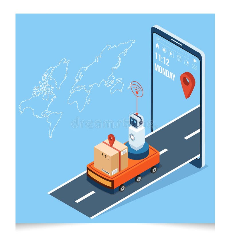 3D Isometric Delivery Technology Concept with Robotic Vehicles Move Box ...