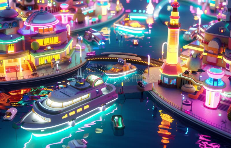 A 3D Isometric Depiction of a Futuristic Neon Waste Recycling Plant ...