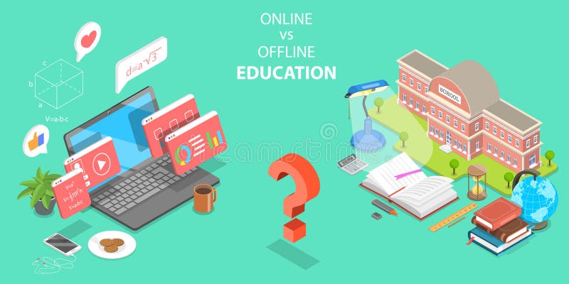 3D Isometric Flat Vector Concept of Online Learning Vs Offline. Stock ...