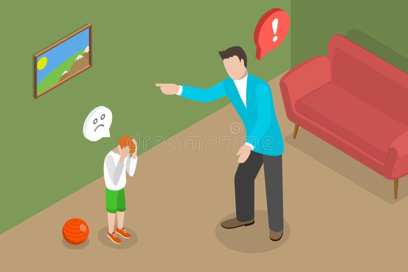 Angry Father Screaming through Megaphone Scolding His Scared Son, Flat ...