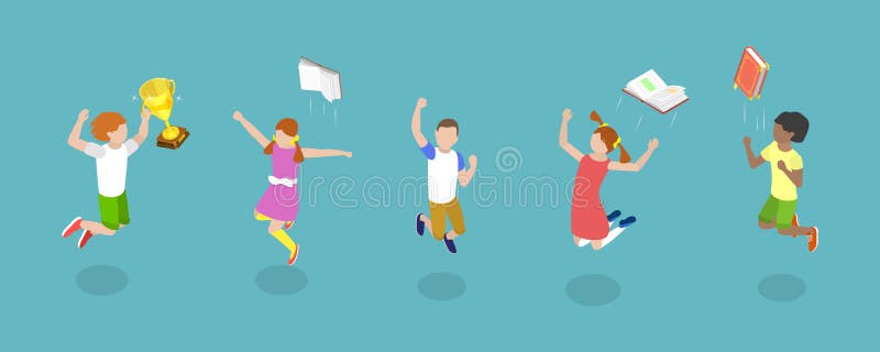 3D Isometric Flat Vector Conceptual Illustration of Jumping Happy Kids ...